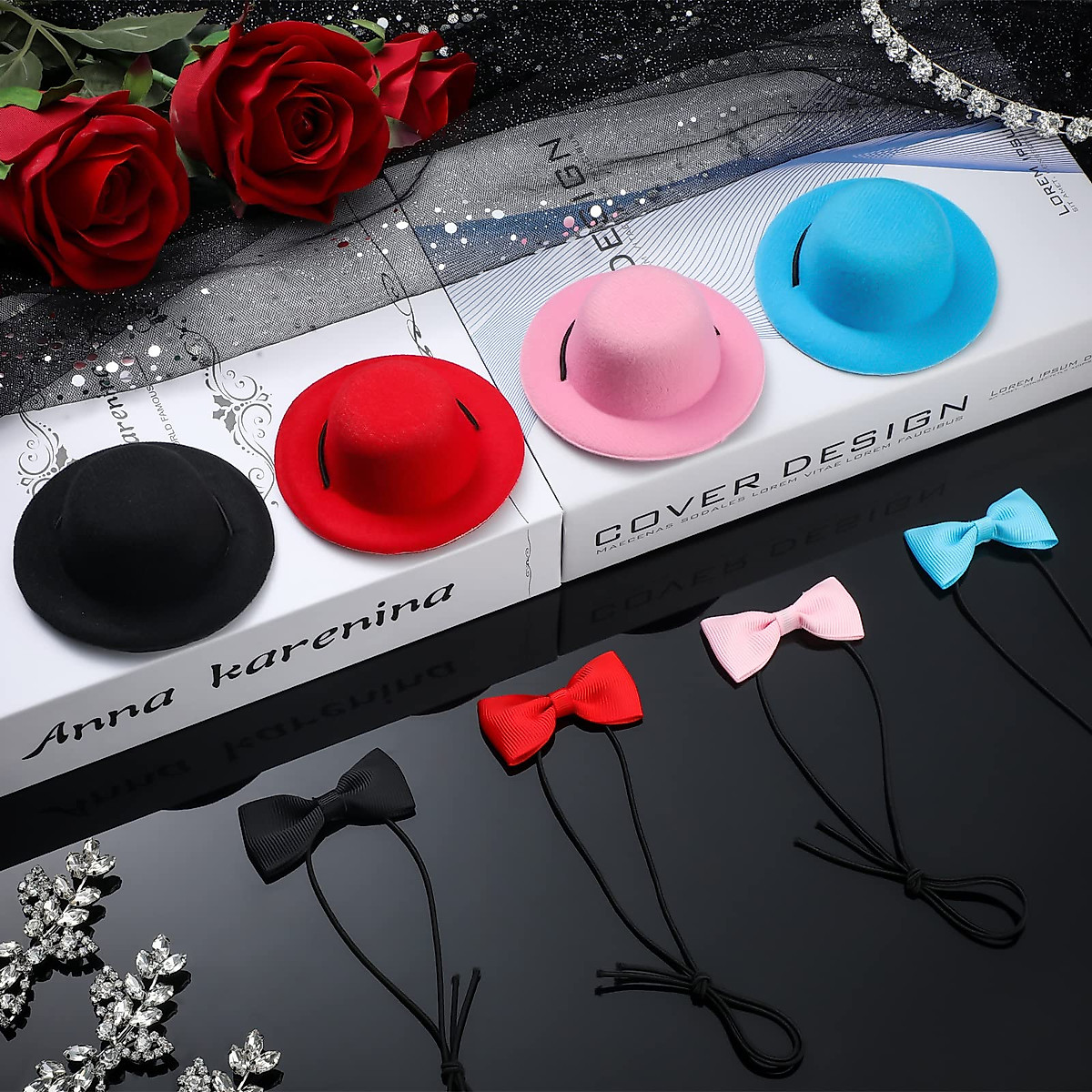 4 Sets 8 Pieces Guinea Pig Clothes Small Animal Bow Ties Pet Hats Outfit Suit Cosplay Cool Kawaii Pet Black Hat for Hamster Ferret Cat Rats Puppy Kitten Hedgehog Bearded Dragon