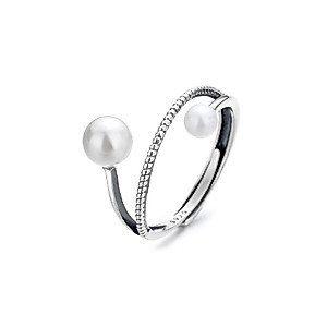 Elegant Double Pearls Open Stacking Rings Sterling Silver 925 Vintage Layered Statement Ring Antique Engagement Wedding Ring Thin Finger Band Toe Ring Fashion Jewelry Gifts for Women