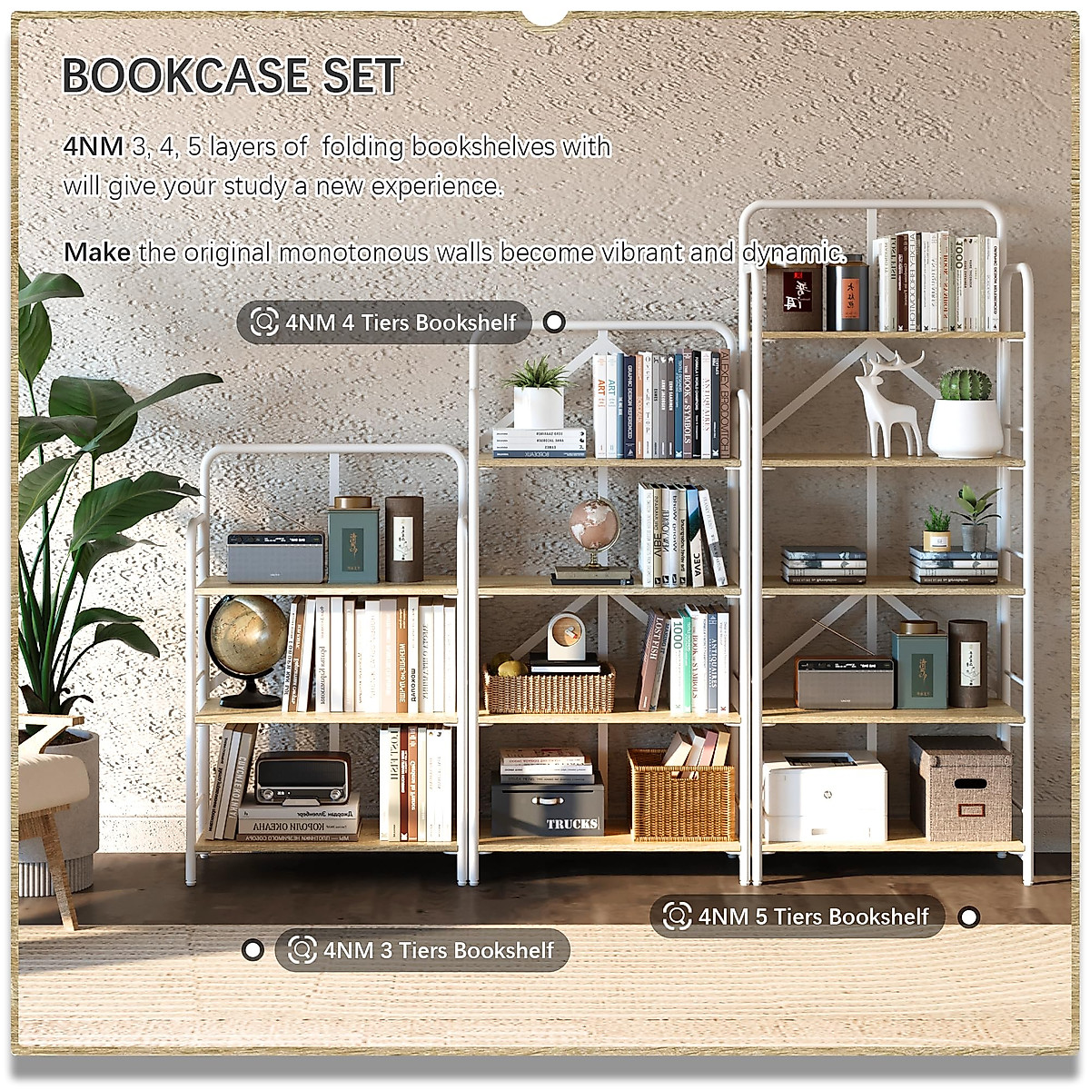 4NM No Assembly Folding Bookshelf, 5 Tier Vintage Industrial Book Shelf,Metal Foldable Storage Bookcase and Bookshelves for Living Room,Bedroom and Kitchen - Natural