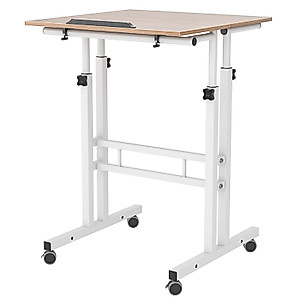 DlandHome Mobile Standing Desk Stand Up Desk Rolling Desk, Stand Sit Desk Mobile Computer Desk Adjustable Standing Desk 23.6inches Table Workstation Mobile Desk Cart Tray Oak
