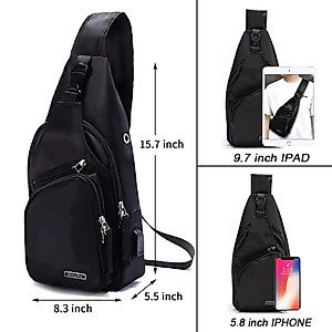 Men Sling Backpack Nylon Water Resistant Shoulder Chest Crossbody Sling Bag with USB Charging Port Black