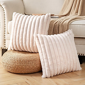 DEELAND Pack of 2,Double-Sided Faux Fur Plush Decorative Throw Pillow Covers Fuzzy Striped Soft Pillowcase Cushion Covers for Sofa Couch Bedroom Beige 16x16 inch