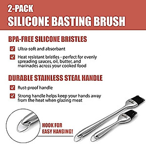 GRILLHOGS Silicone Sauce Basting Brush, Premium Stainless Steel Handles, Pastry & Barbecue Grilling, Dishwasher Safe & Heat Resistant, Set of 2