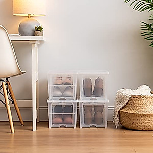 IRIS USA 4 Pack Shoe Storage Box, Clear Plastic Stackable Shoe Organizers for Closet, Space Saving Drop Front Sneaker Containers, Tall