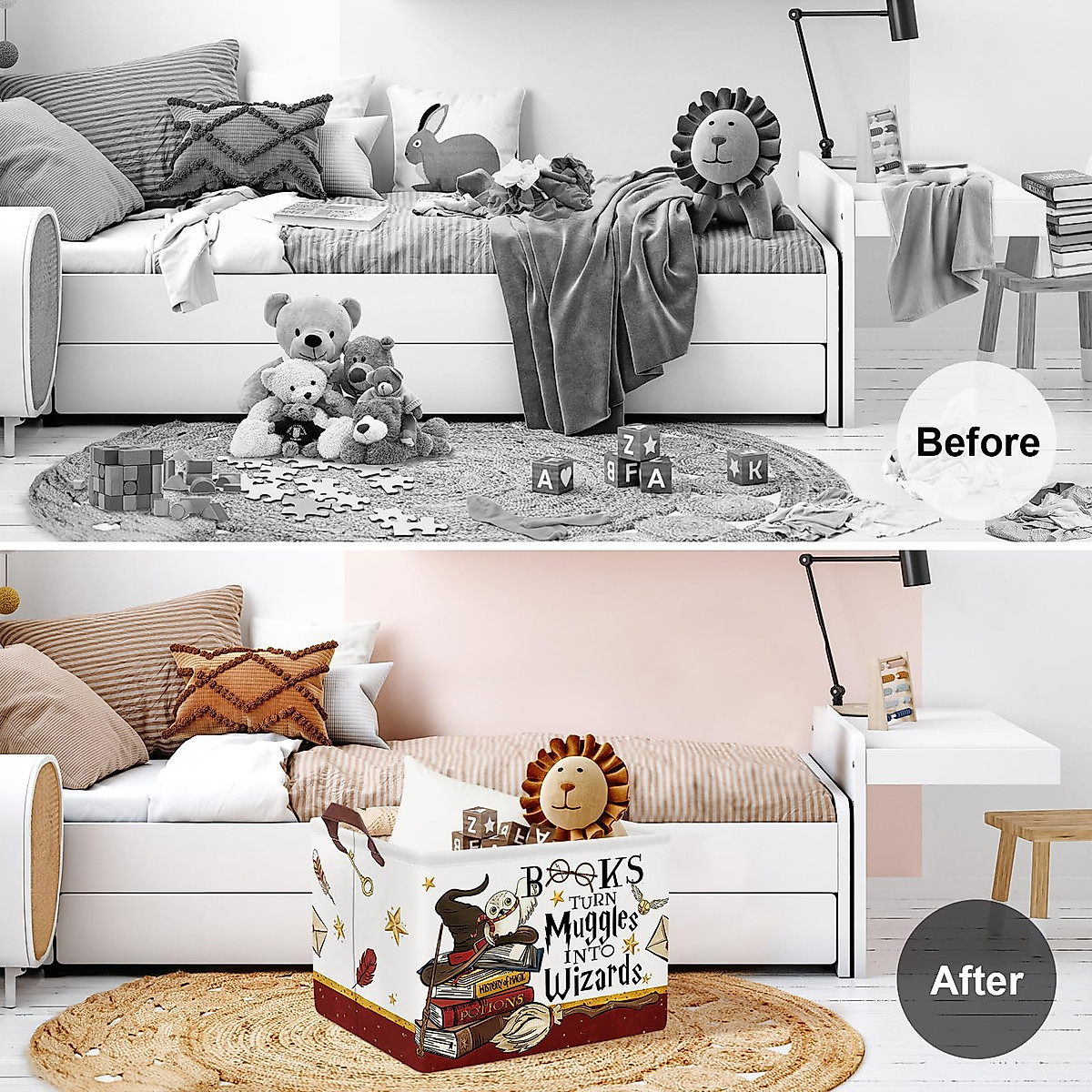 Clastyle Magic Nursery Decor Baby Basket Large Brown Feather Wand Hat Basket Broomstick Owl Kid Gift Book Shelf Basket Collapsible Clothes Basket Rectangle Toy Chest