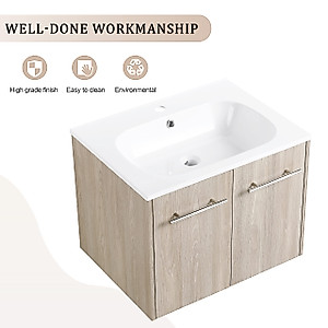 KFHSE 24 Inch Modern Set,Wall Mounted Bathroom Vanity Sink Combo with Top Basin & Soft Closing Door,Storage Wood Hanging Bath Cabinet for Small Space,White Oak