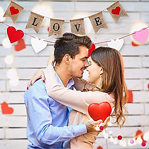 Valentines' Day Banner Set, Heart Shaped Holiday Felt Banner Valentine Burlap Banner Felt Ball Garland Colorful Pom Pom Garland for Party and Home Decoration (Love Theme)