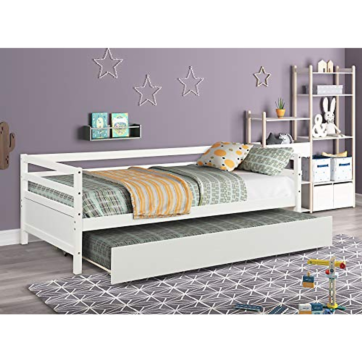Hanway Twin Daybed with Trundle – Pine Wood Material Bed Frames – Elegant Furniture for Compact Rooms – Bedroom Accessories Ideal for Small Living Spaces – Classic White Paint Coating