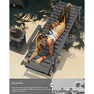 SERWALL Patio Chaise Lounge Chair Set of 2, 5 Positions Adjustable HDPE Outdoor Lounge Chair for Pool, Poly Lounge Chair with Rolling Wheels & Cup Holder for Poolside, Deck, Slate Gray