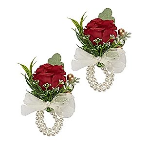 MYQNS Rose Wrist Corsage Women Bride Bridesmaid Hand Flower Wristlet Band Bracelet for White Wedding Party Proom Artificial Flower Accessories Decorations