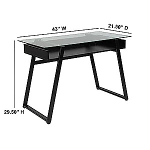 Flash Furniture Huntley Glass Computer Desk with Shelf and Black Metal Legs