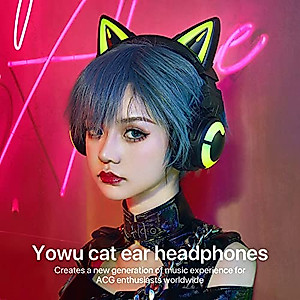 YOWU RGB Cat Ear Headphone 3S Wireless Bluetooth 5.0 Foldable Gaming Headset with Built-in Mic & Customizable Lighting and Effect via APP, Type-C Charging Audio Cable, for PC Laptop Mac Smartphone