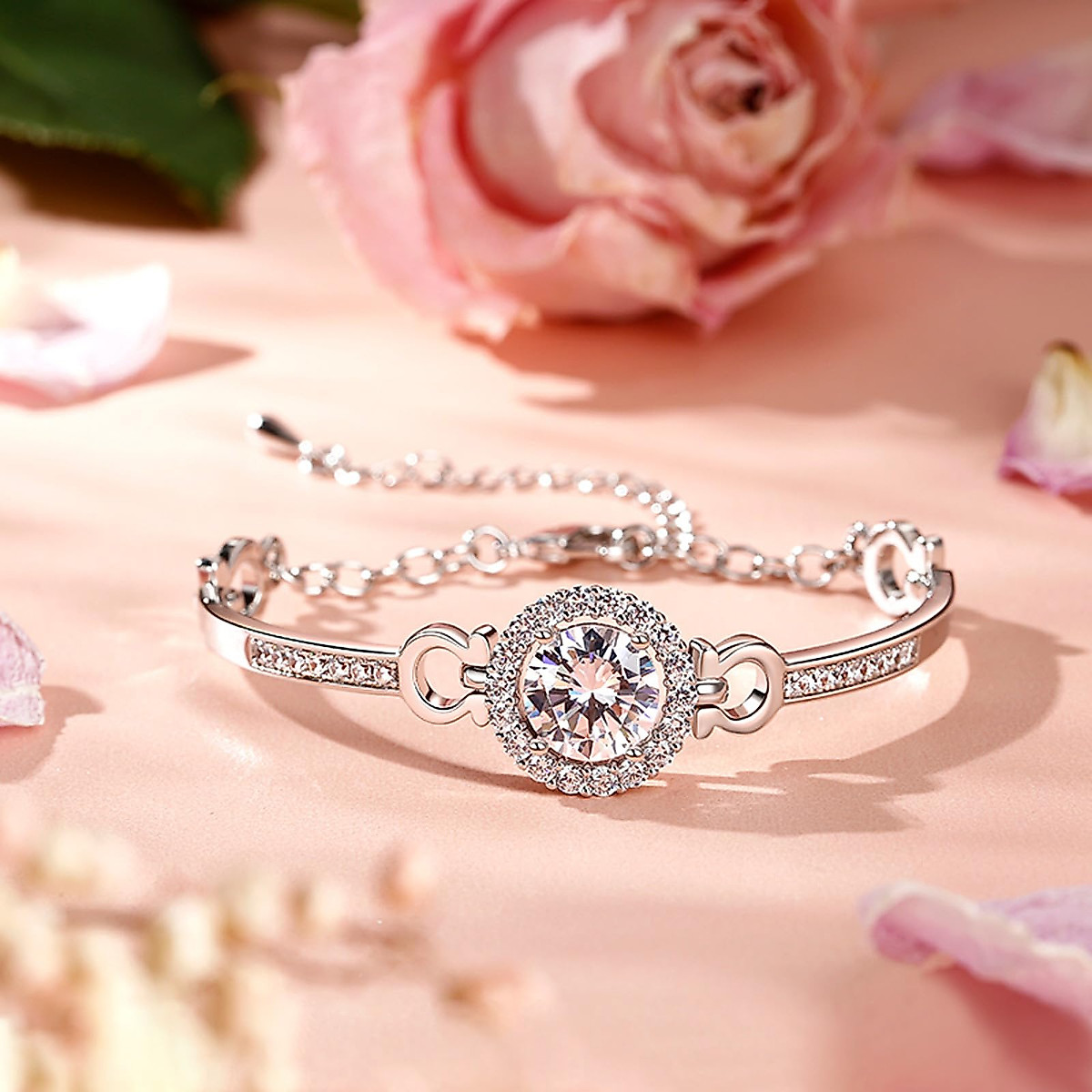 Jeulia Classic Halo Design Stainless Steel Adjustable Bracelet for Women Gemstone Bracelet Summer Wedding Jewelry Gift for Brides Brademaids Girls