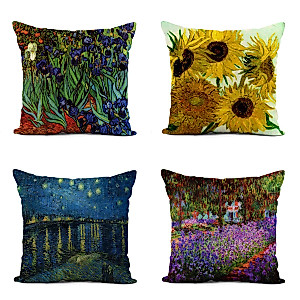 Rurpali Set of 4 Linen Throw Pillow Cover 16x16 Inch Colorful Backyard Van Gogh Irises Vintage Garden Sunflowers Home Decor Pillowcase Square Cushion Cover for Sofa Bed Couch