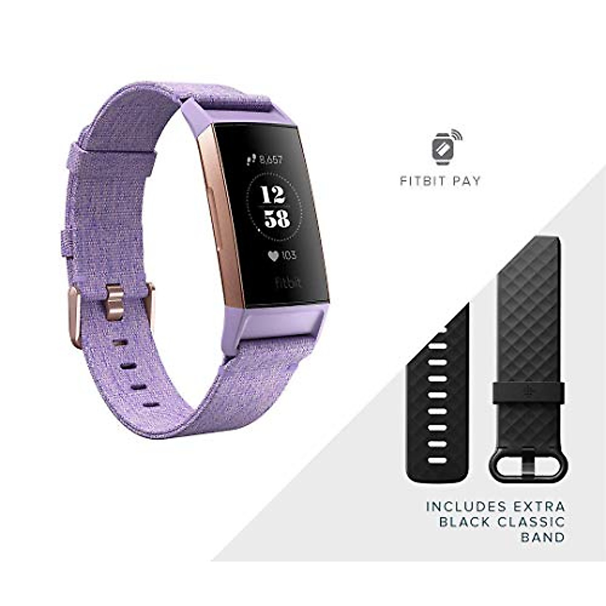 Fitbit Charge 3 SE Fitness Activity Tracker, Lavender Woven, One Size (S & L Bands Included) (Renewed)