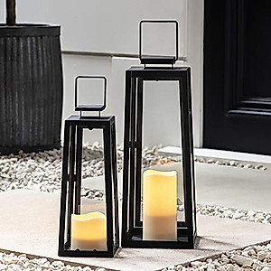 Lights4fun, Inc. Set of 2 Black Metal Battery Operated 15" & 12" Tall LED Flameless Candle Lanterns Lights for Indoor Outdoor Use