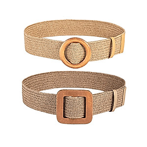 Verdusa Women's 2 Pack Buckle Elastic Straw Belts Boho Waist Belt Brown 80