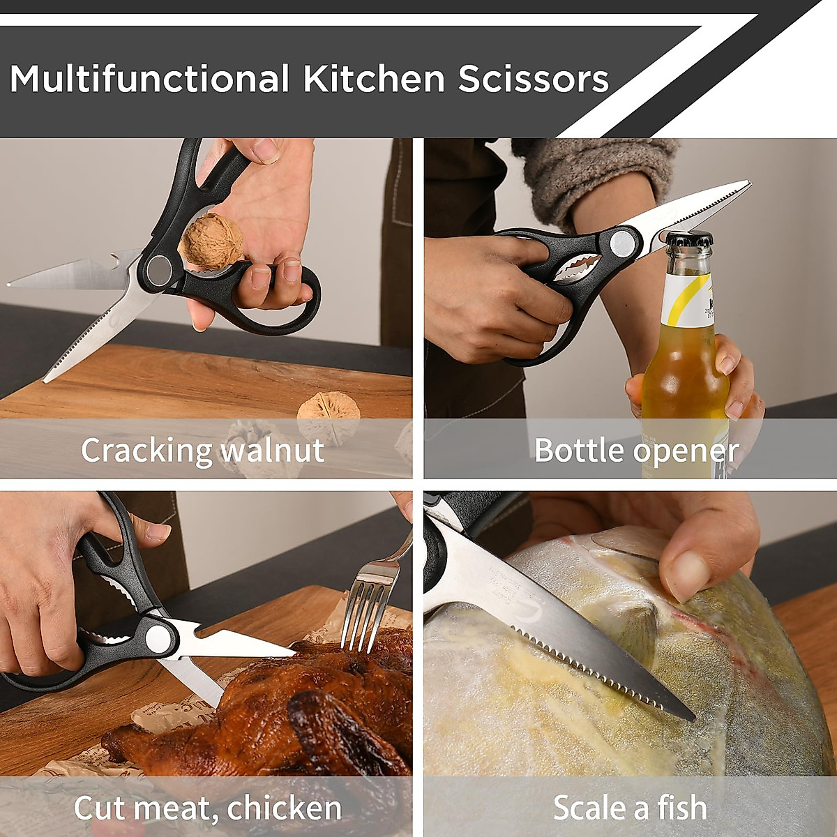 CuCut Kitchen Knife, 3 Pcs Knife Set with Multifunctional Kitchen Scissors, Santoku Knife, Paring Knife, Black Knife Set for Chef Paring Cutting Slicing Dishwasher Safe (Anti-Slip Handle)