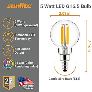 Sunlite 41547-SU LED G16.5 G16 1/2 Filament Style Globe Light Bulb, 5 Watts (60W Equivalent), 500 lumens, Dimmable, Candelabra Base (E12), UL Listed, 3000K Warm White, 6 Count