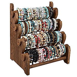 Ikee Design Antique Wooden 4 Tier Jewelry Bracelet Display Stand Bangle Scrunchie Organizer Holder for Store, Showcase and Home Storage, 12" W x 9" D x 14" H, Brown Color