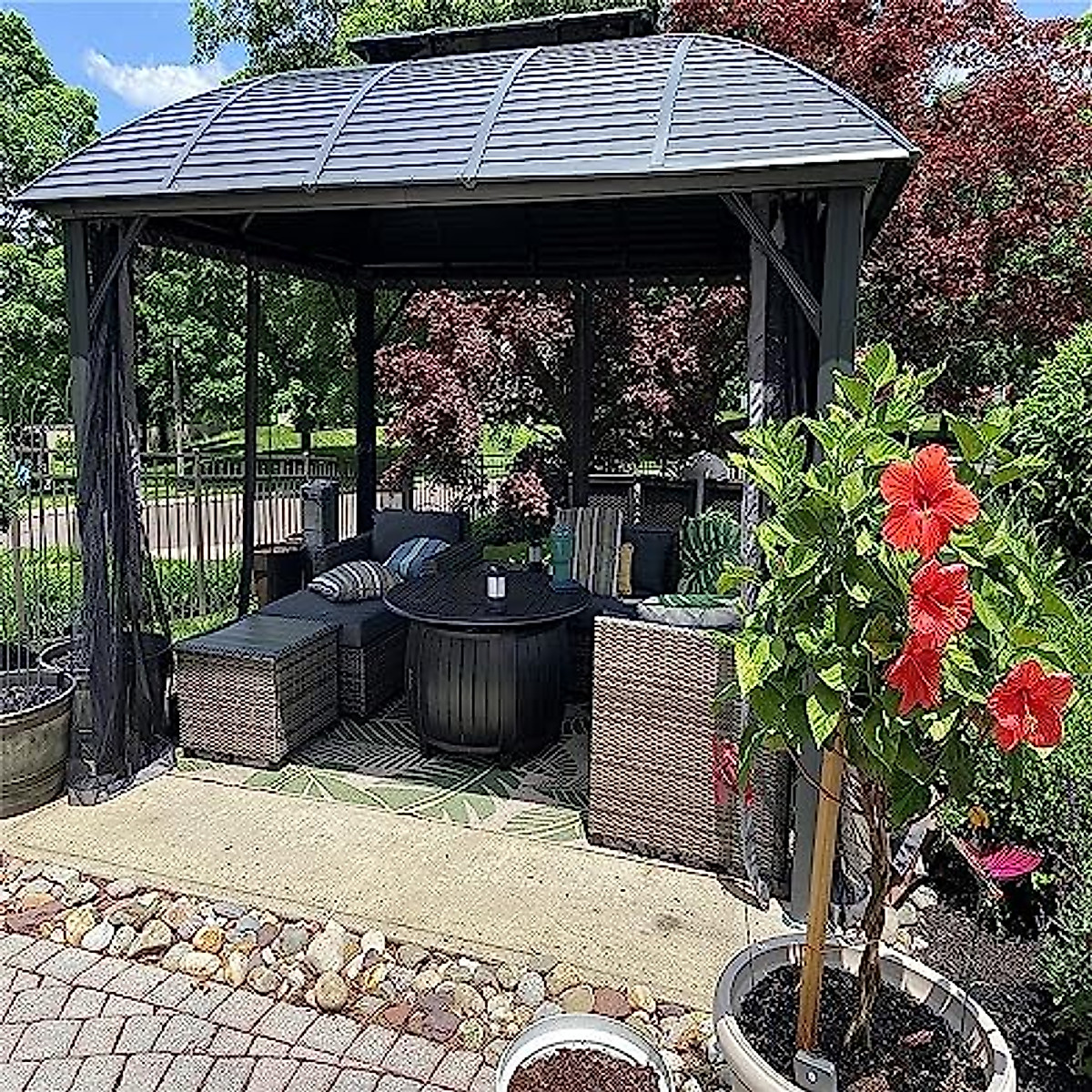 Goohome 10'x12' Hardtop Gazebo, Wooden Coated Aluminum Frame Canopy Double Roof Gazebo with Zippered Mosquito Netting and Privacy Sidewall, Outdoor Permanent Hard Top Waterproof Pergola for Shade Lawn