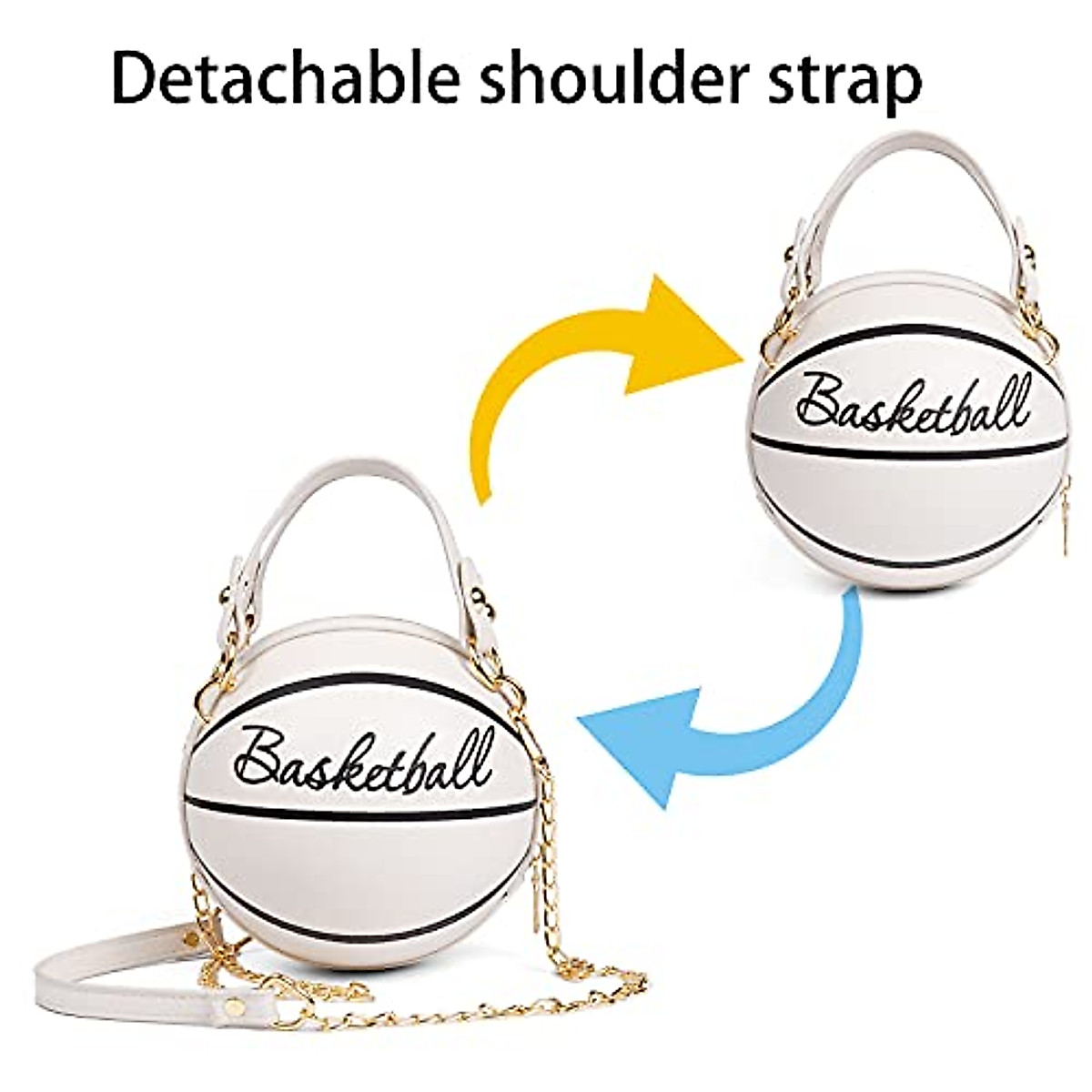 OHIW Women's basketball shoulder bag Messenger Bag handbag mini round bag PU bag, Zipper closure, suitable for women (white)