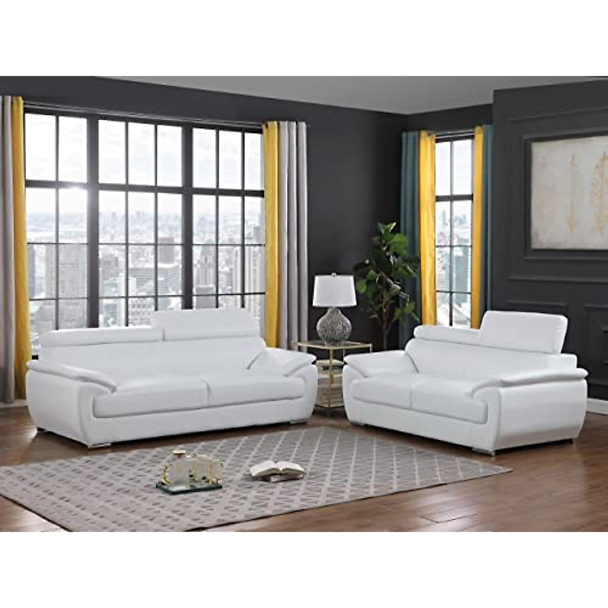 Blackjack Furniture 4571 Veal Collection 2 Piece Genuine Leather Sofa Set for Living Room, Modern Couch and Loveseat with Lumbar Support and Large Adjustable Headrests, 2+3 Seater, White