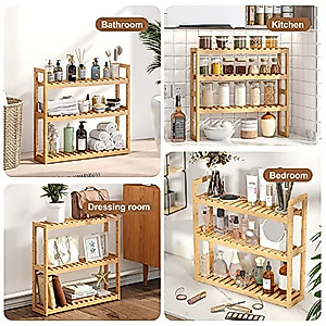 FILWH Bathroom Shelf Bamboo Organizer Rack Adjustable 3-Tier Storage Shelf Wall Mounted Storage Rack Over The Toilet Utility Shelves Living Room Kitchen Shelf(Natural)