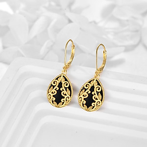 Sterling Silver Black Onyx Earrings18K Gold Plated Filigree Teardrop Leverback Dangle Earrings Boho Drop Earrings Jewelry Christmas Gifts for Women