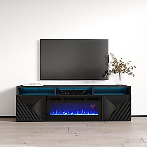 Meble Furniture Giza BL-EF 63'' Floating Fireplace TV Stand - Modern High Gloss TV Stand with Storage Cabinets - Central Entertainment Center Console Table for TVs up to 70" - Black
