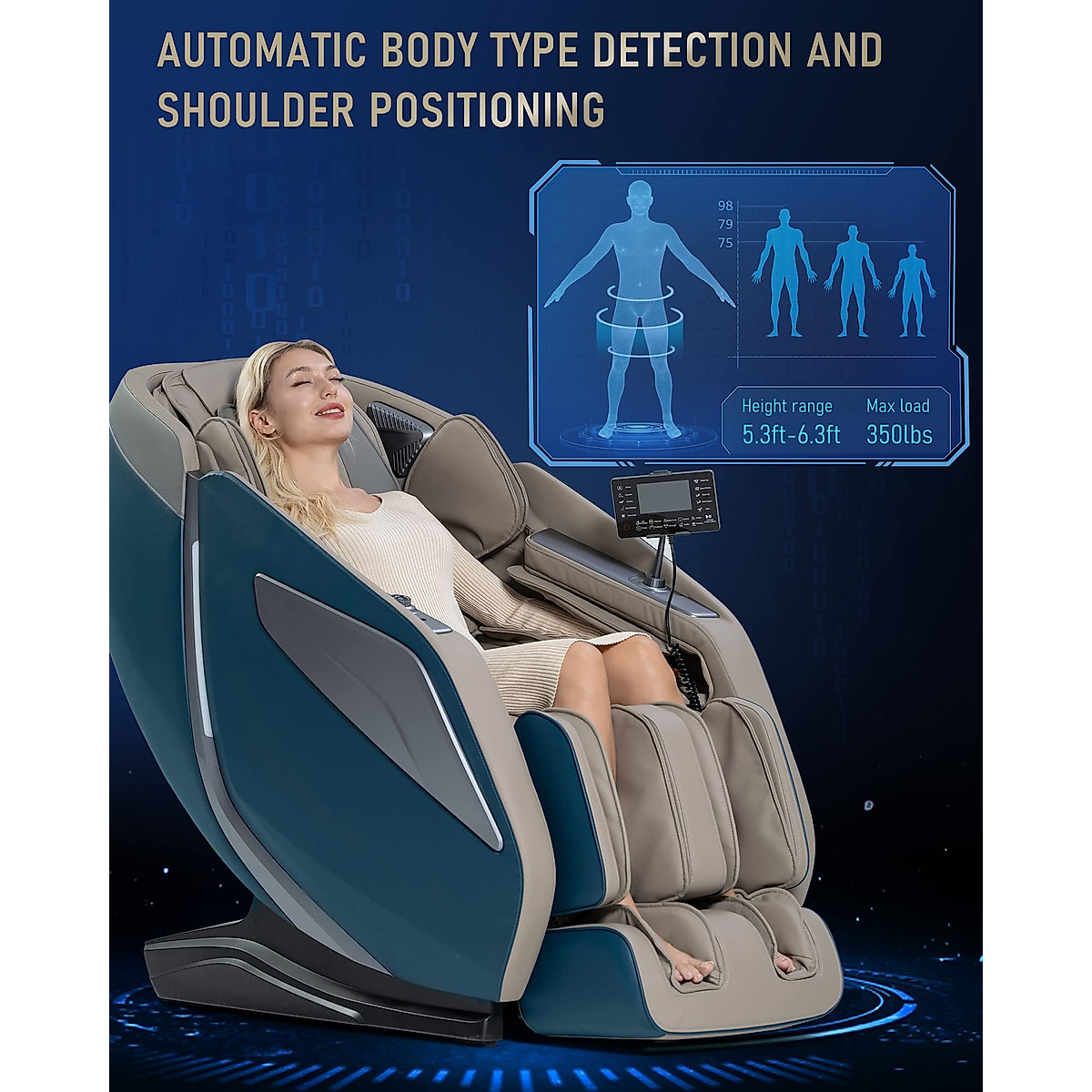 UIIU 3D Massage Chair Full Body Zero Gravity Back&Calf Heated Screen Touch Electric Massage Chairs SL Track Yoga Strecth Voice Control Body Scan with Bluetooth Speaker Foot Massage Blue