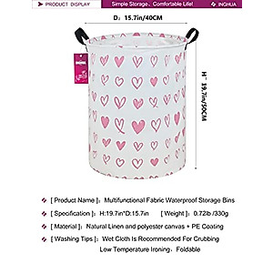 INGHUA Laundry Hamper Large Canvas Fabric Lightweight Storage Basket/Toy Organizer/Dirty Clothes Collapsible Waterproof for College Dorms, Boys and Girls Bedroom,Bathroom(Pink hearts)