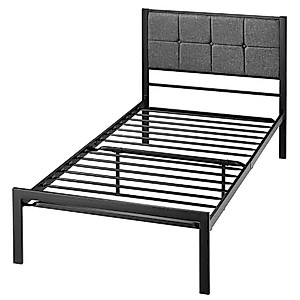 SHA CERLIN Twin Size Bed Frame with Upholstered Headboard, Platform Bed Frame with Metal Slats, Button Tufted Square Stitched Headboard, Noise Free, No Box Spring Needed, Easy Assembly, Dark Grey