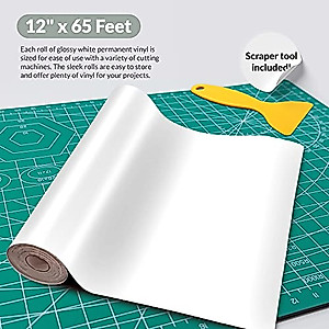 Reli. White Permanent Vinyl | 12" x 65 FT Roll (Glossy) | Scraper Tool Included | Adhesive Vinyl Compatible w/Cricut & Silhouette Cutting Machines | Vinyl Roll for Signs, Tumblers, Mugs, Cars & More