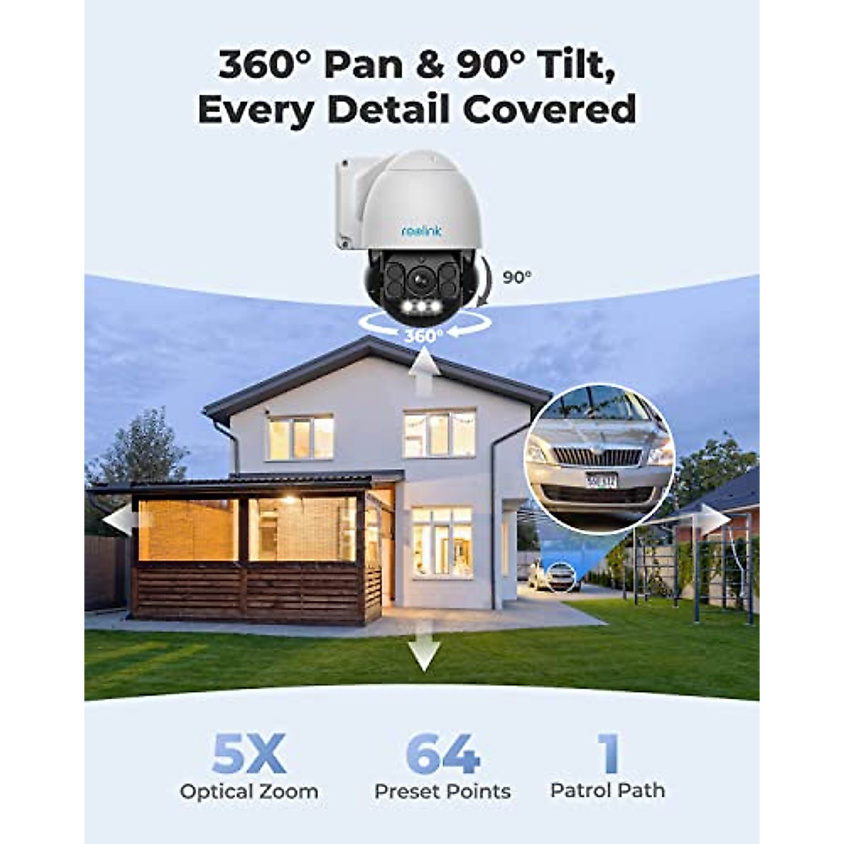 REOLINK 4K PTZ Outdoor Camera, PoE IP Home Security Surveillance, 5X Optical Zoom Auto Tracking, 3pcs Spotlights Color Night Vision, Two Way Talk, Up to 256GB SD Card(Not Included), RLC-823A