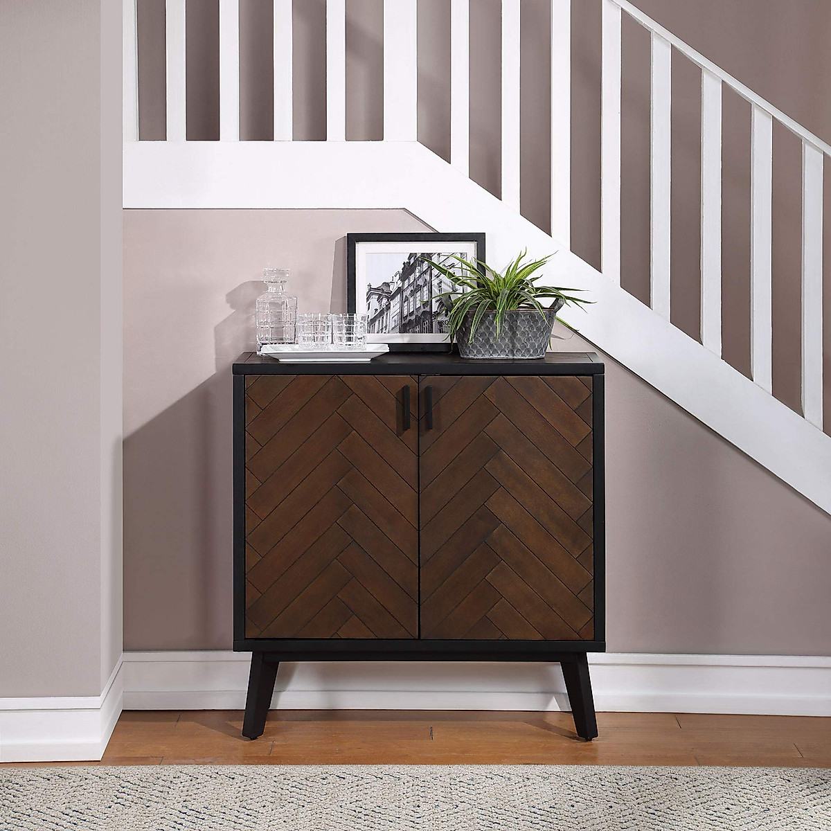 LALUZ Storage Cabinet, Multifunction Free Standing 2 Tier Cupboard with Double Door & Shelf for Living Room, Corridor, Brown