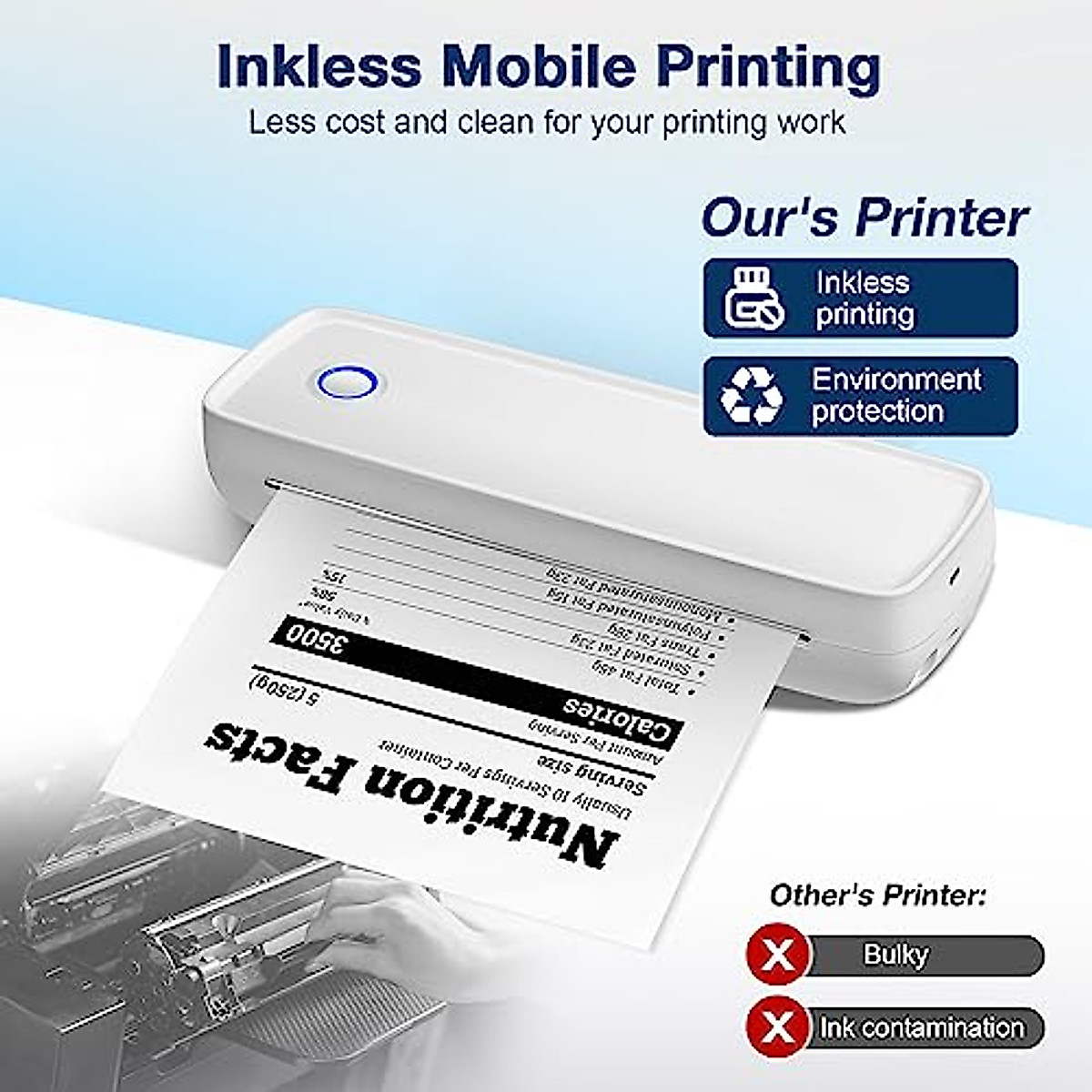 Portable Printers Wireless for Travel, Inkless Thermal Printer Supports A4 Paper (8.3"*11.7") for Mobile Monochrome Prints, Bluetooth Smart Printer Compatible with Android iOS Phones & Laptops
