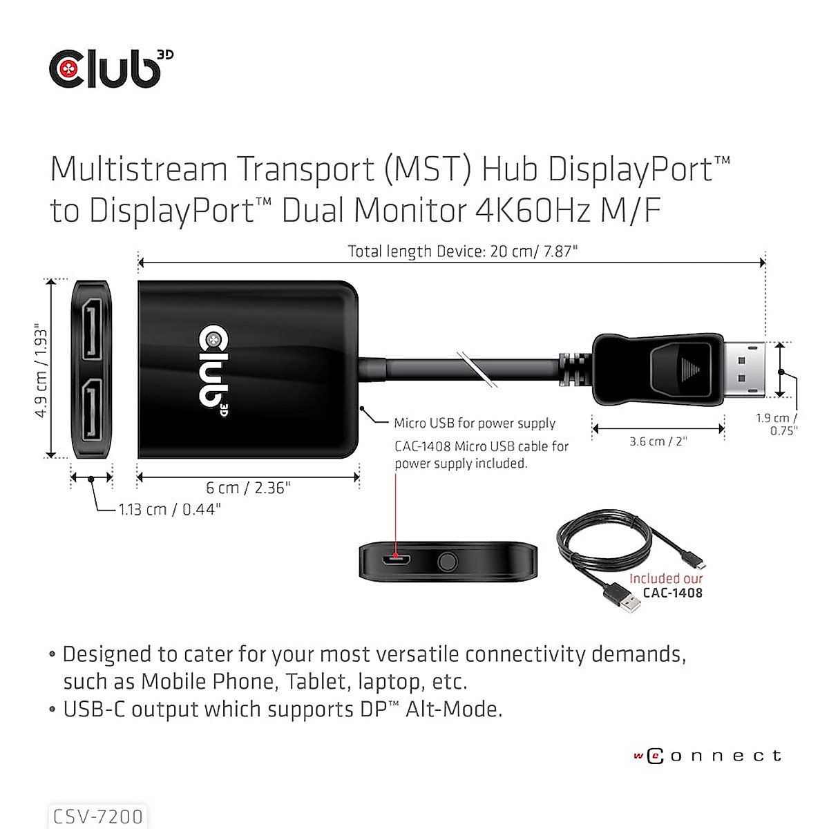 Club 3D CSV-7200 Displayport 1.4 to Displayport Dual Monitor 4K 60Hz M/F MST hub