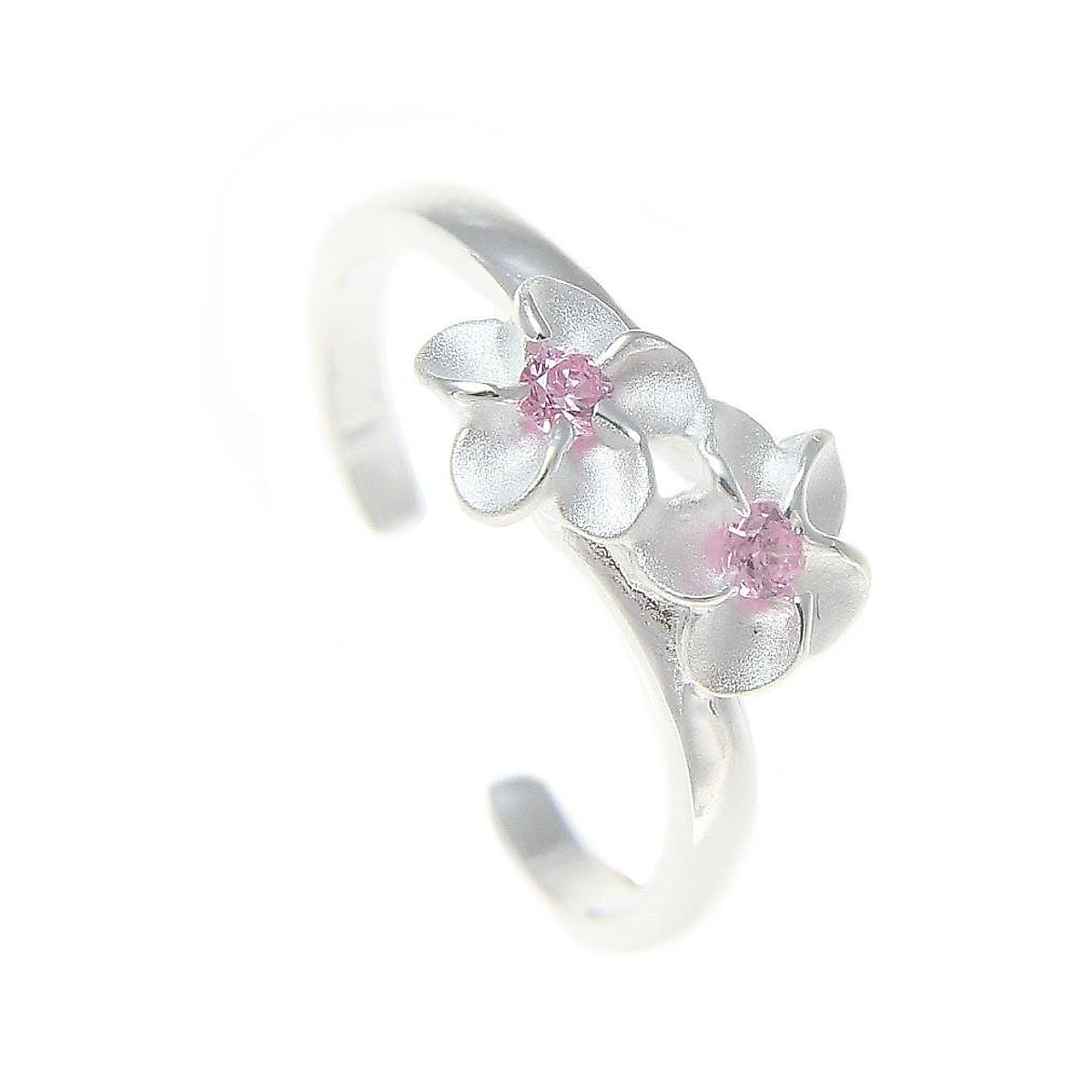 Arthur's Jewelry 925 sterling silver Hawaiian double plumeria flower pink cz open toe ring