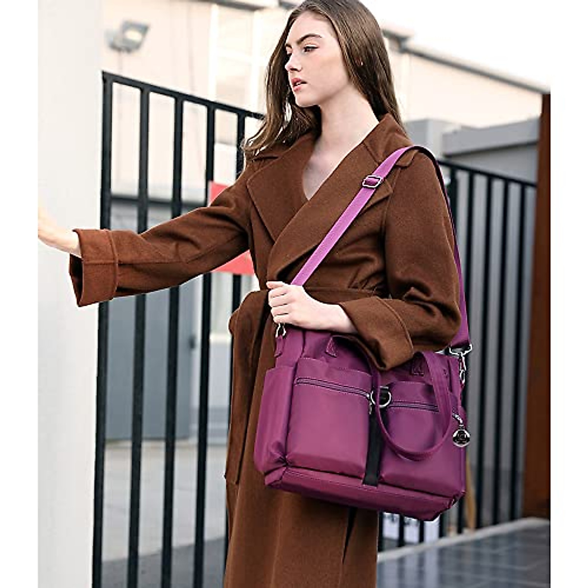 Dayfine Nylon Tote Bags for Women Waterproof Shoulder Bag Satchel Casual Handbags Lightweight Purse Multiple Pockets Bag-Purple