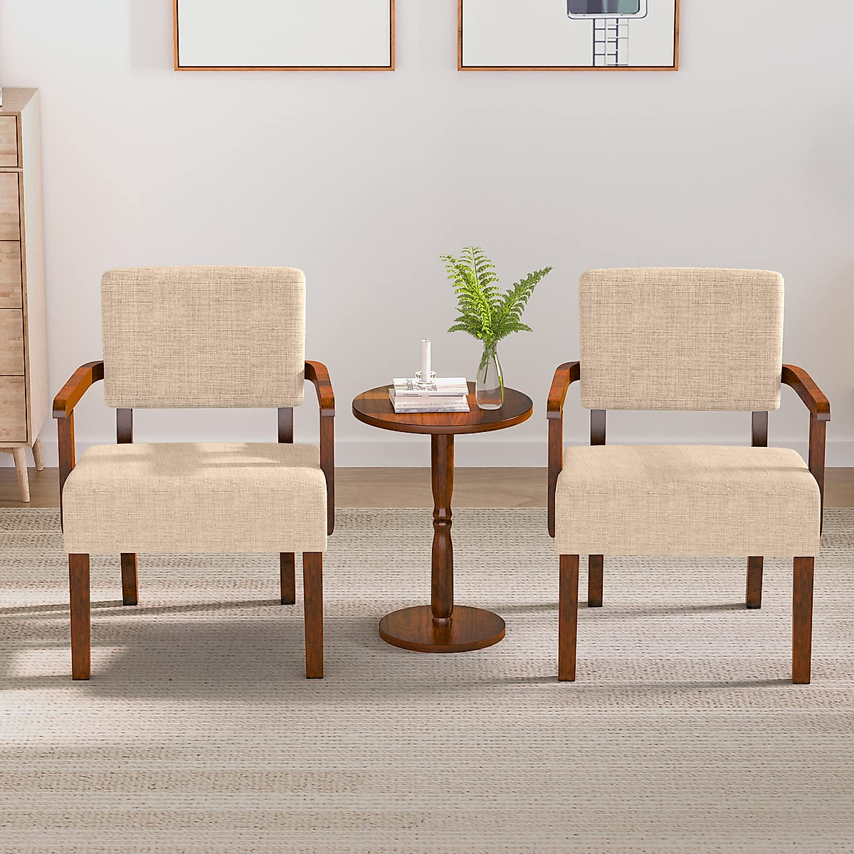 FAGAGA Accent Chair Set of 2 with Table, Living Room Chairs with Soft Seat and Armrests for Living Room Bedroom Reading Room Waiting Room (Beige) (AC01)