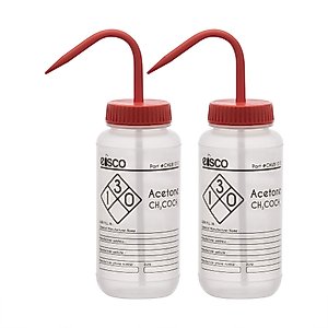 EISCO 2PK Wash Bottles for Acetone, 500ml - Labeled with Chemical Information & Safety Information (1 Color) - Wide Mouth, Self Venting, Low Density Polyethylene - Performance Plastics Labs
