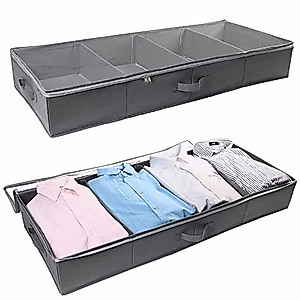 LotFancy Under Bed Storage Containers, Detachable Dividers, 2 Pack, Closet Underbed Clothes Blanket Organizer, 39.3x16.5x6 in, with 4 Handles and Large Clear Window, Sturdy, Large, Gray