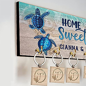 MUCHNEE Personalized Beach House Key Holder for Wall - Home Sweet Home, Customized Key Hook Decor for Kitchen, Living Room - Gifts with Custom Family Name for Couple, Wife, Husband, Family, Friends