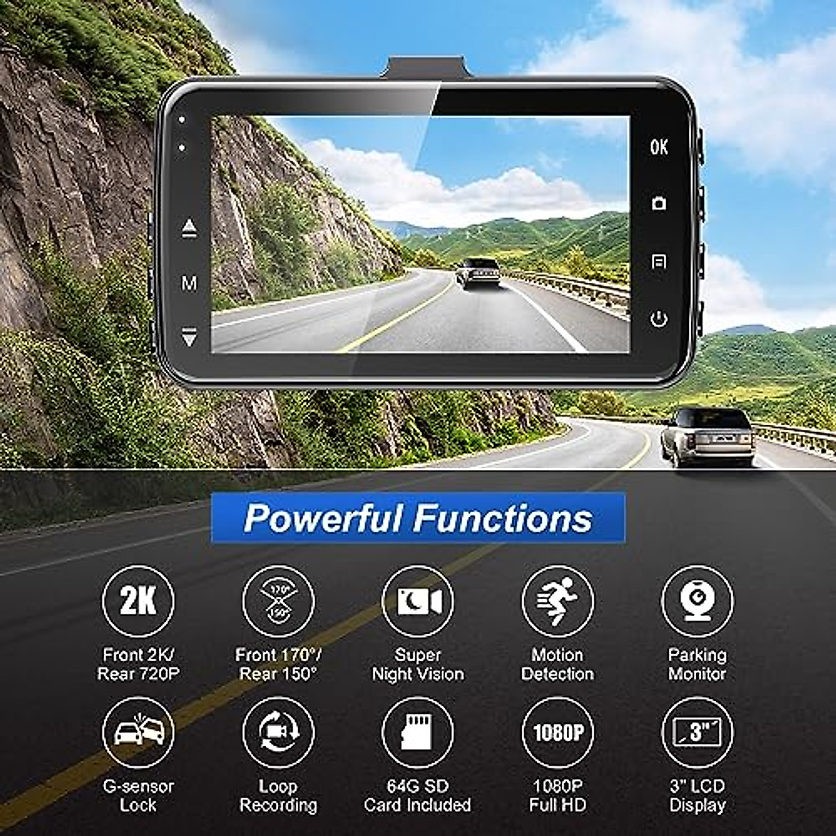 Dash Cam Front and Rear, 2K+720P Dual Dash Camera for Cars with 3'' IPS Screen, Car Camera with Night Vision, Built-in WiFi, Metal Body, G-Sensor, 24H Parking Monitor, Loop Recording, Free 64GB Card