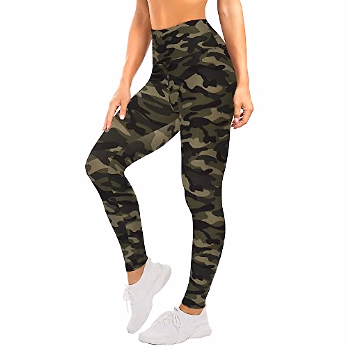 Sundwudu Leggings for Women Tummy Control - High Waist Non See Through Printed Workout Yoga Pants Green Camo
