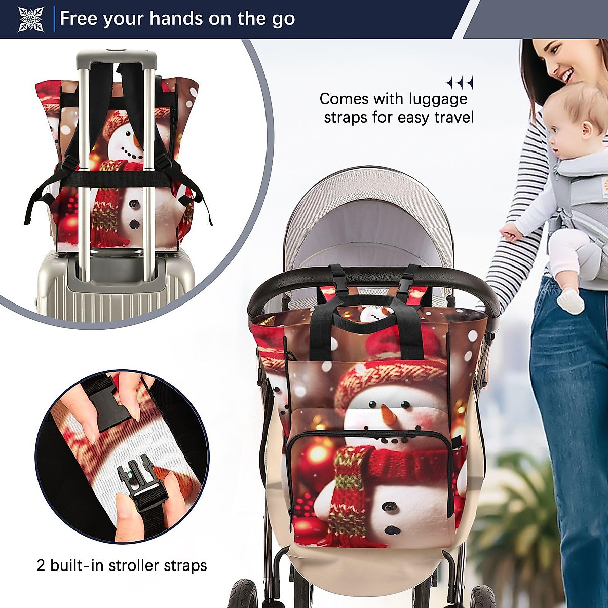 xigua Christmas Snowman Diaper Bag Backpack Multi Function Baby Changing Bags Waterproof Large Capacity Travel Back Pack for Mom Dad