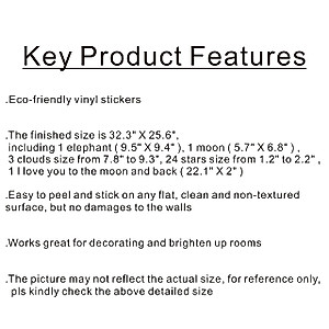 DDK I Love You to The Moon and Back Elephant Baby Kids Wall Decals Moon Stars and Clouds Space Wall Art Decals (White)