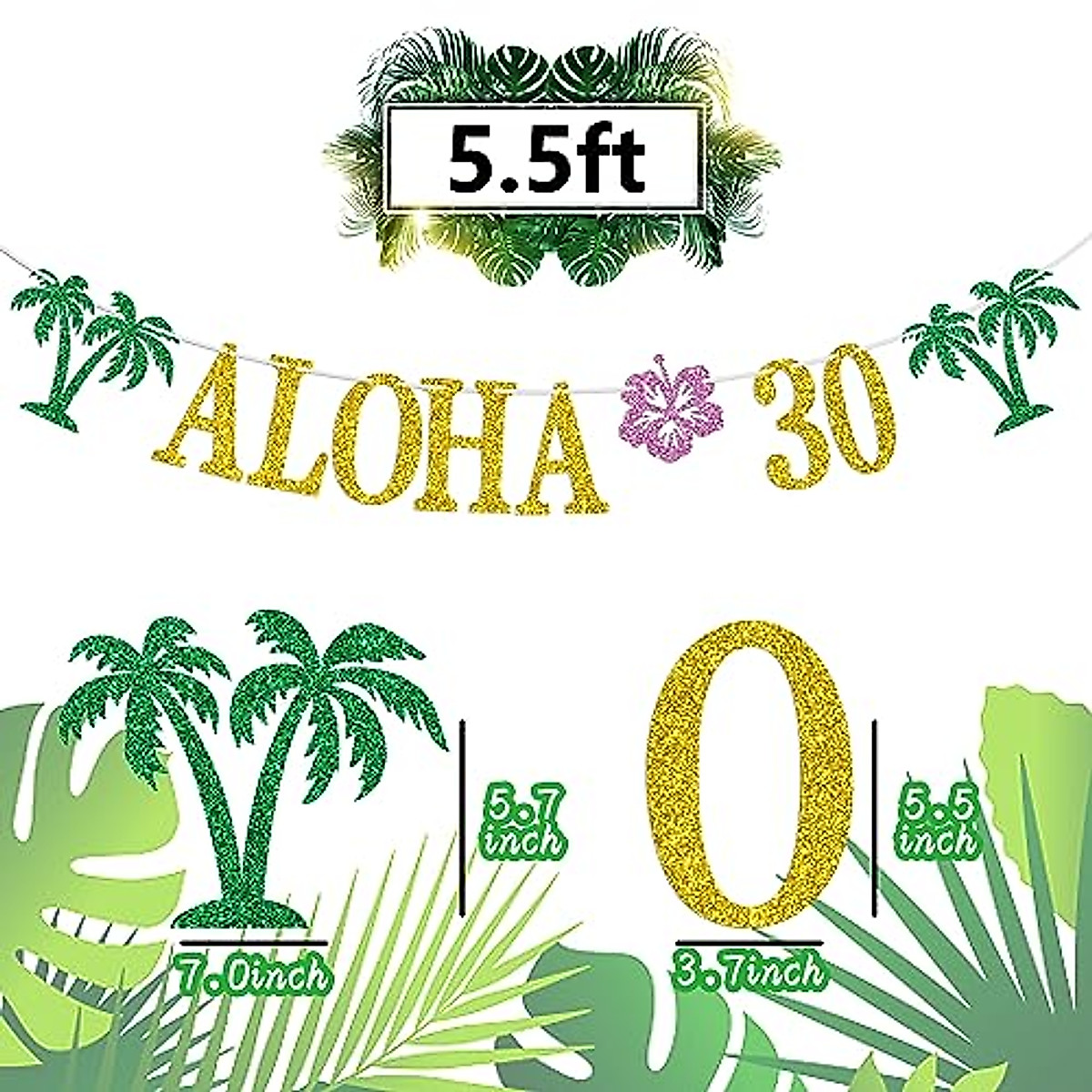 Hawaiian Aloha 30 Banner, Cheers to 30 Years Bunting Sign, Happy 30th Birthday Party Decorations Supplies, Hawaiian Tropical Luau Favors Sign Photo Booth Props, Gold Glitter