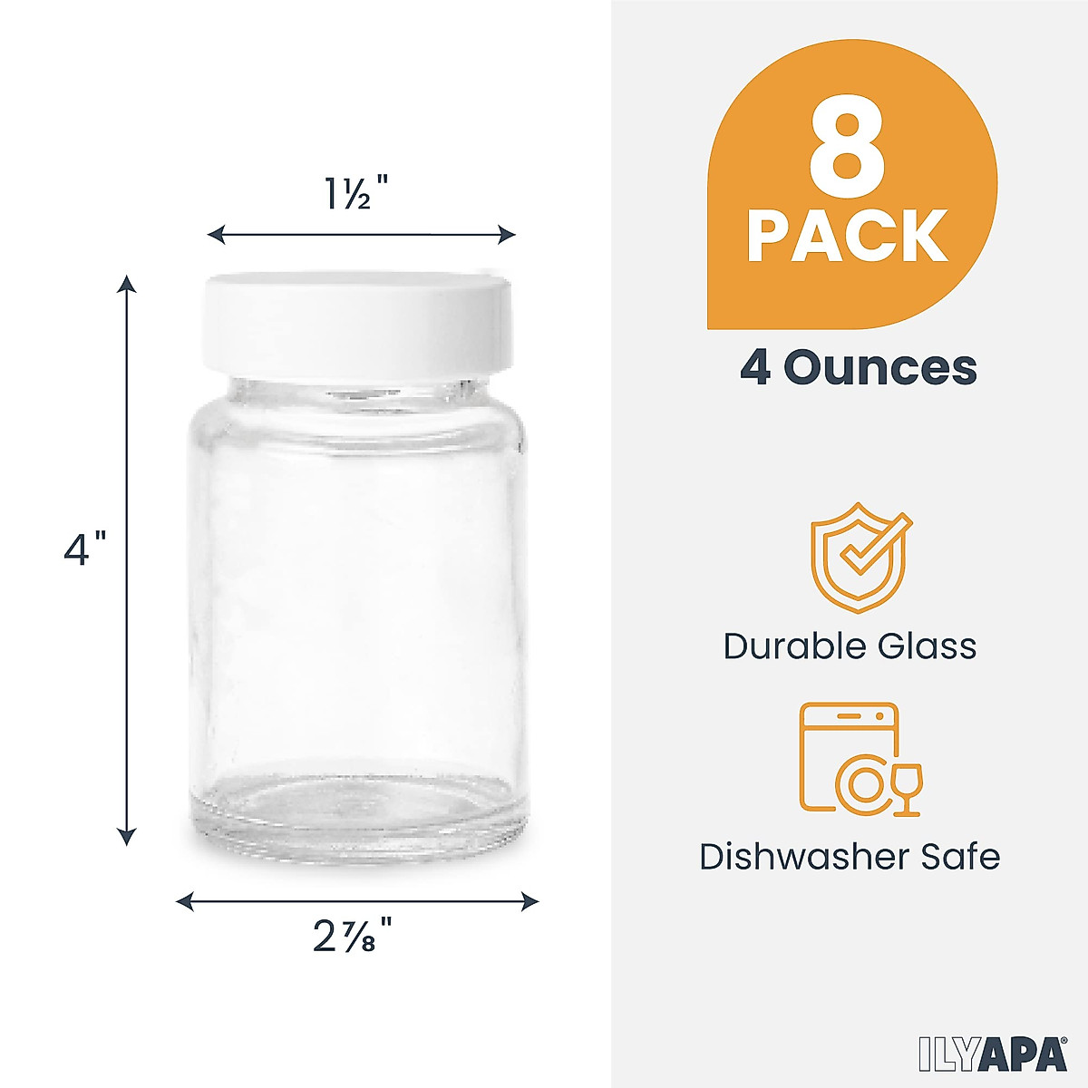 Ilyapa Glass Juice Shot Bottles Pack of 8-4oz On The Go Beverage Storage Container with White Cap, Reusable, Leak Proof
